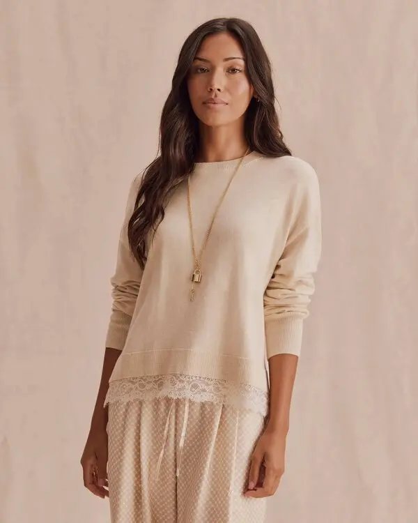 Splendid Georgie Lace Trim Pullover - Wheat Heather