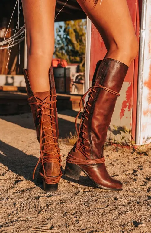 FREEBIRD Coal Tall Lace-up Distressed Leather Boots - Cognac