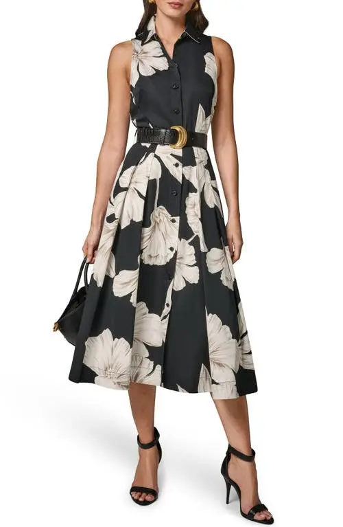 Donna Karan New York Floral Sleeveless Stretch Cotton Midi Shirtdress - Black