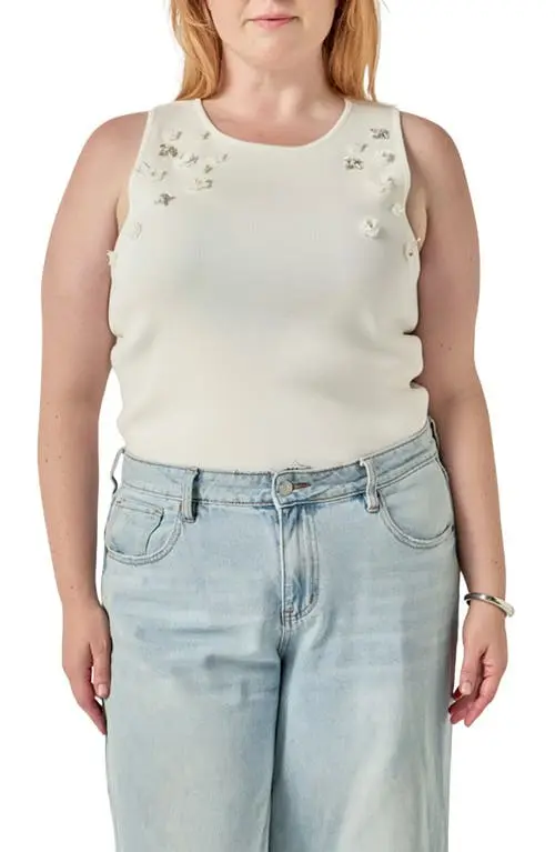 English Factory Sequin And Rhinestone Flower Appliqué Tank - Off White