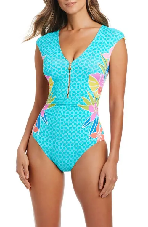 BLEU BY ROD BEATTIE Cap Sleeve Zip Front One-piece Swimsuit - Aqua Fresca