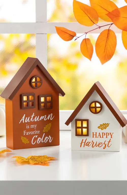 GLITZHOME Set Of 2 Lighted Fall Wooden House-shaped Table Decor