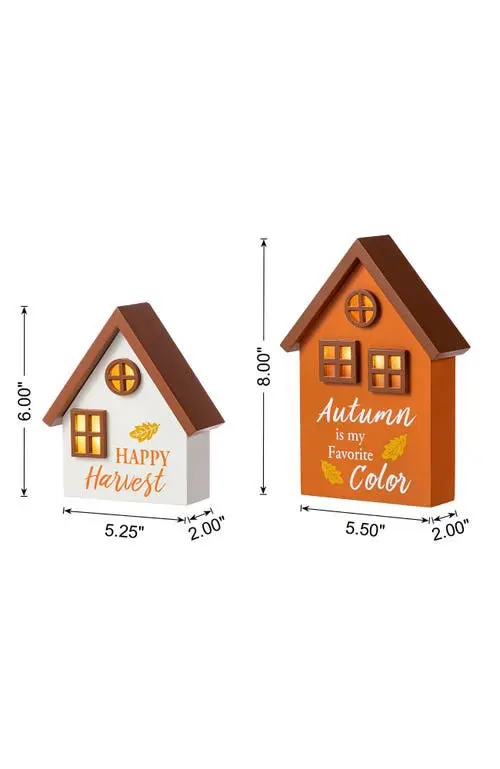 GLITZHOME Set Of 2 Lighted Fall Wooden House-shaped Table Decor
