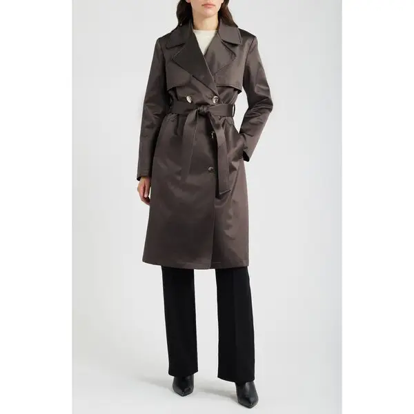 Via Spiga Double Breasted Satin Trench Coat - Chocolate