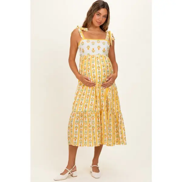 PINKBLUSH Striped Floral Shoulder Tie Midi Dress