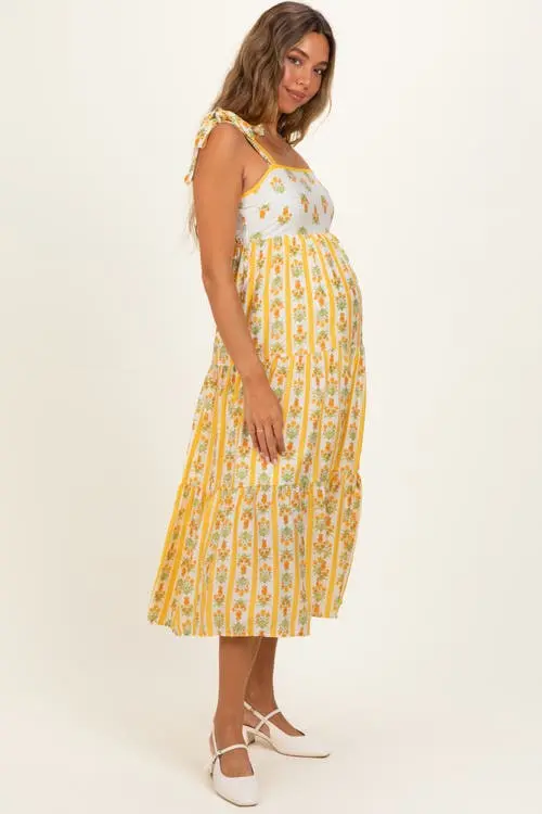 PINKBLUSH Striped Floral Shoulder Tie Midi Dress