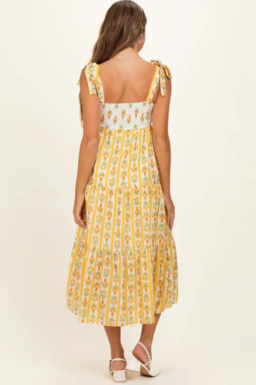 PINKBLUSH Striped Floral Shoulder Tie Midi Dress