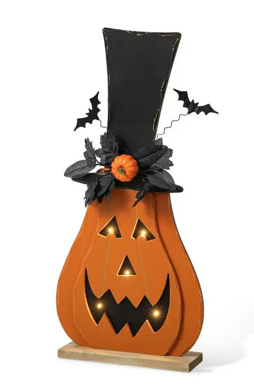 GLITZHOME Halloween Lighted Wooden Jack-o-lantern Porch Decor With Floral & Timer