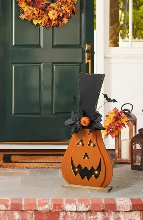 GLITZHOME Halloween Lighted Wooden Jack-o-lantern Porch Decor With Floral & Timer