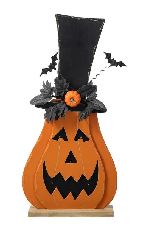 GLITZHOME Halloween Lighted Wooden Jack-o-lantern Porch Decor With Floral & Timer