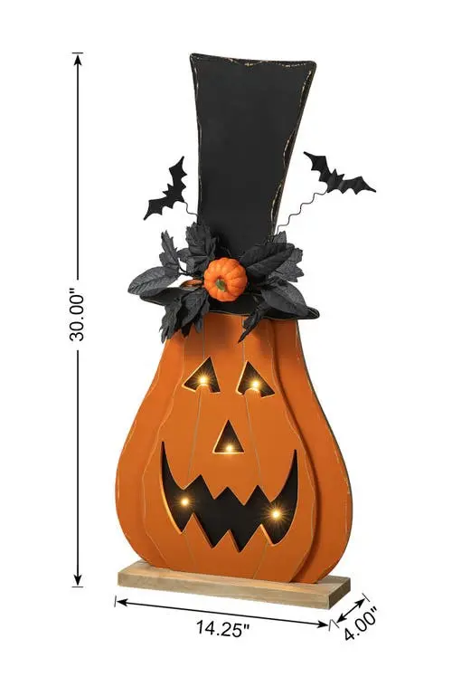 GLITZHOME Halloween Lighted Wooden Jack-o-lantern Porch Decor With Floral & Timer