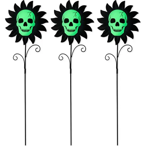 GLITZHOME Set Of 3 Halloween Metal Sunflower Skulls Glow-in-dark Yard Stakes - Black