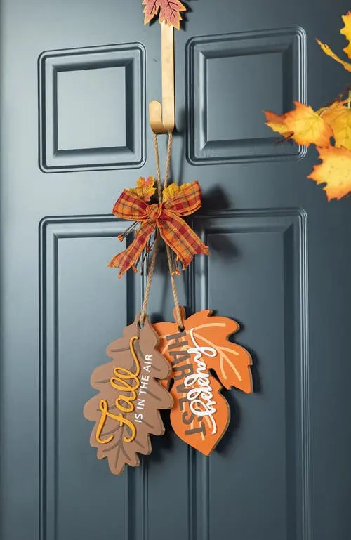 GLITZHOME Fall Wooden Maple Leaves With Bowknot Door Hanger