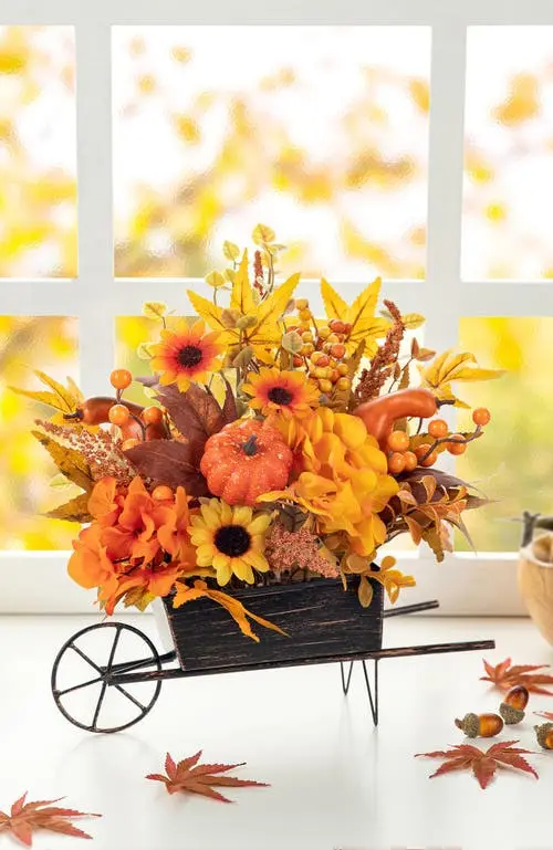 GLITZHOME 14"l Fall Floral Cart Centerpiece