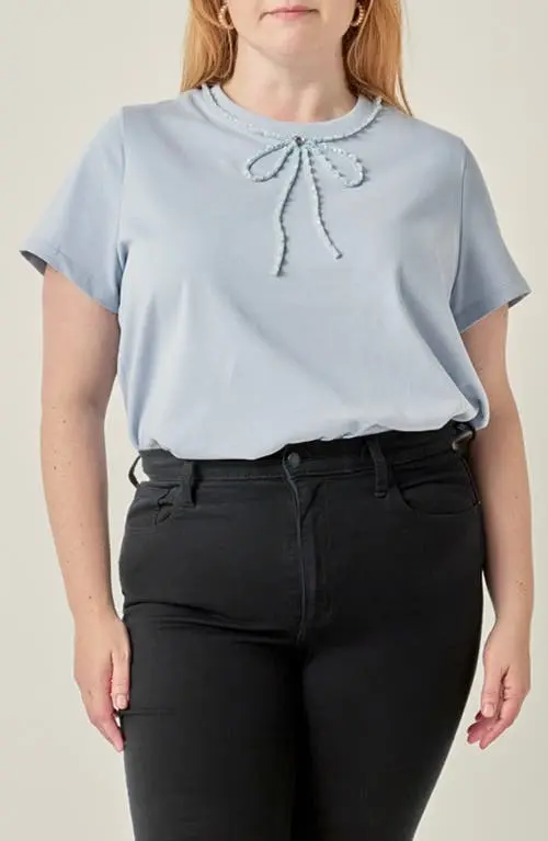 English Factory Beaded Bow Detail T-shirt - Slate Blue