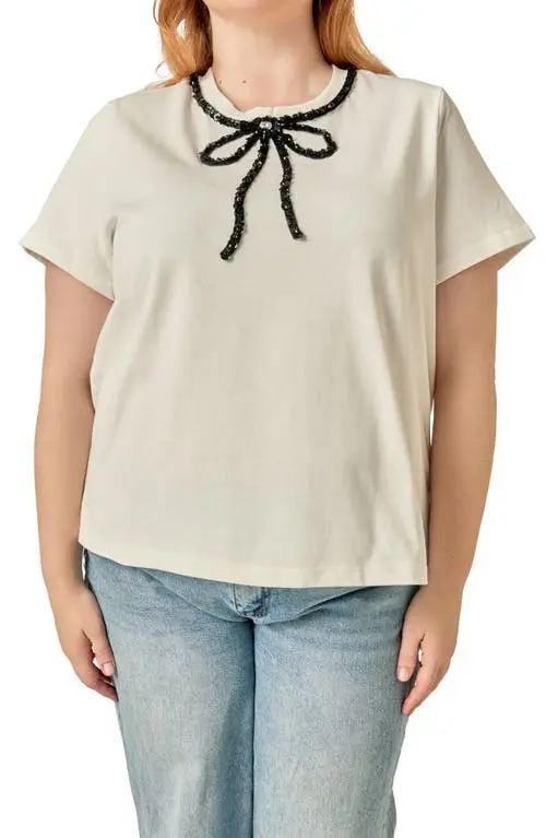 English Factory Beaded Bow Detail T-shirt - White