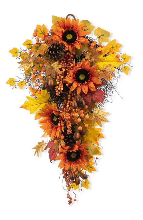 GLITZHOME 27"h Fall Sunflower Maple Leaf And Berry Teardrop