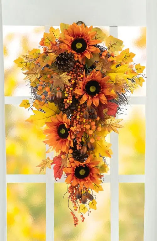 GLITZHOME 27"h Fall Sunflower Maple Leaf And Berry Teardrop