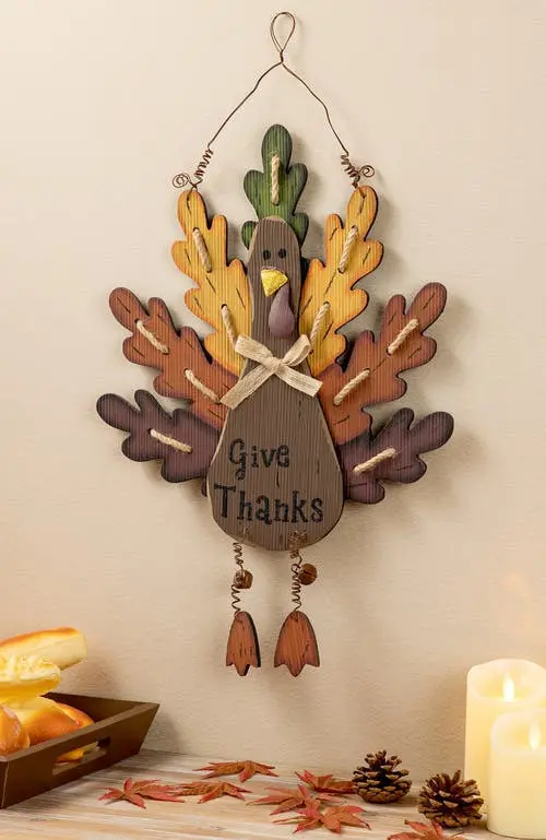 GLITZHOME Burlap Wooden Turkey Wall Decor