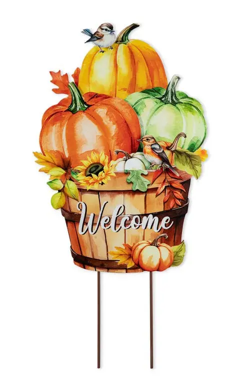 GLITZHOME Fall Metal Pumpkins With Barrel Yard Stake