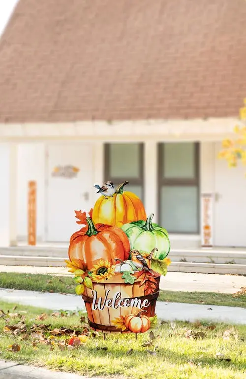 GLITZHOME Fall Metal Pumpkins With Barrel Yard Stake