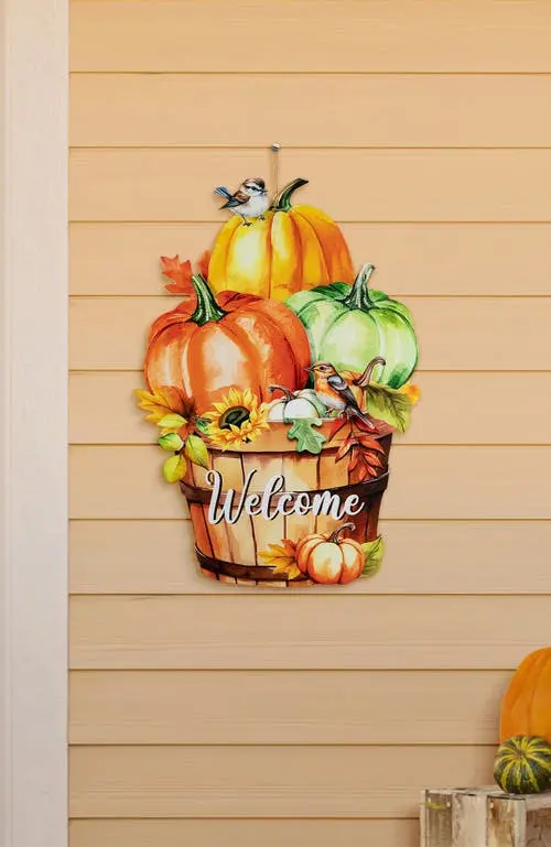 GLITZHOME Fall Metal Pumpkins With Barrel Yard Stake