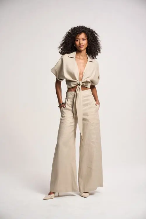 JBQ Oslo 2.0 Wide Leg Linen Trousers - Biscuit