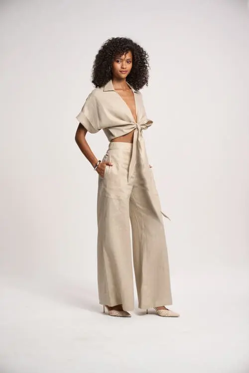 JBQ Oslo 2.0 Wide Leg Linen Trousers - Biscuit