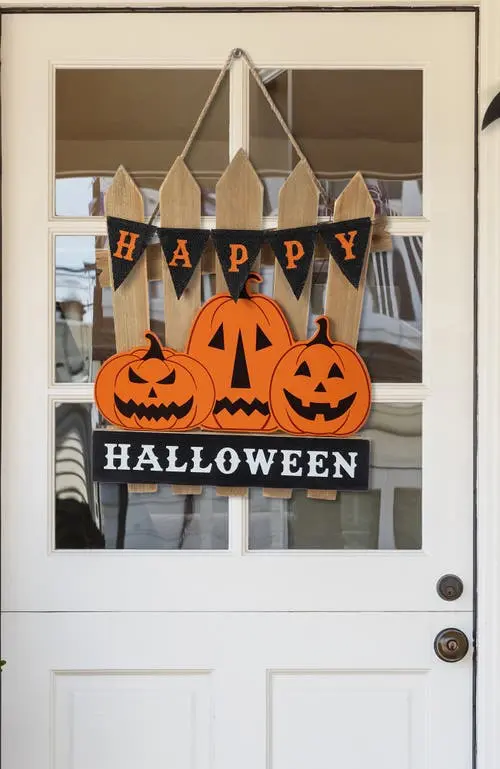 GLITZHOME Halloween Wood Jack O Lantern Door Hanger