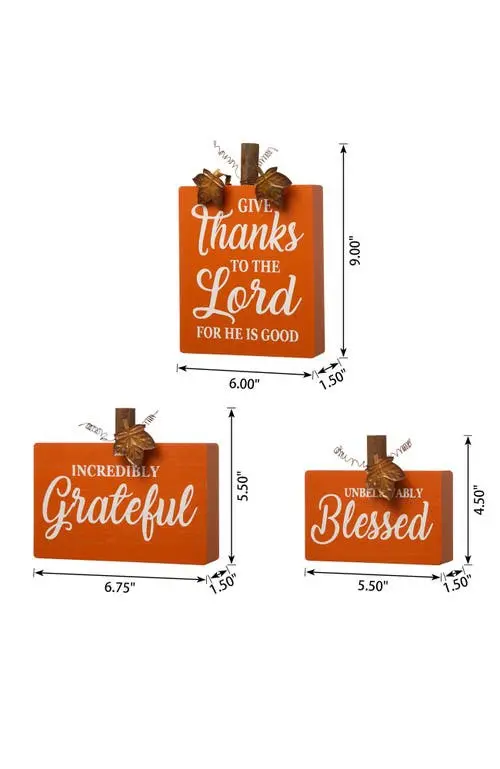 GLITZHOME 3pk Fall Wooden Pumpkin Table Decors