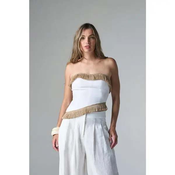 JBQ Morgan Strapless Linen Corset Top With Fringe Trim