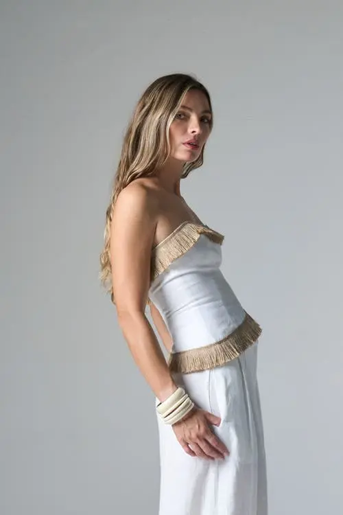 JBQ Morgan Strapless Linen Corset Top With Fringe Trim