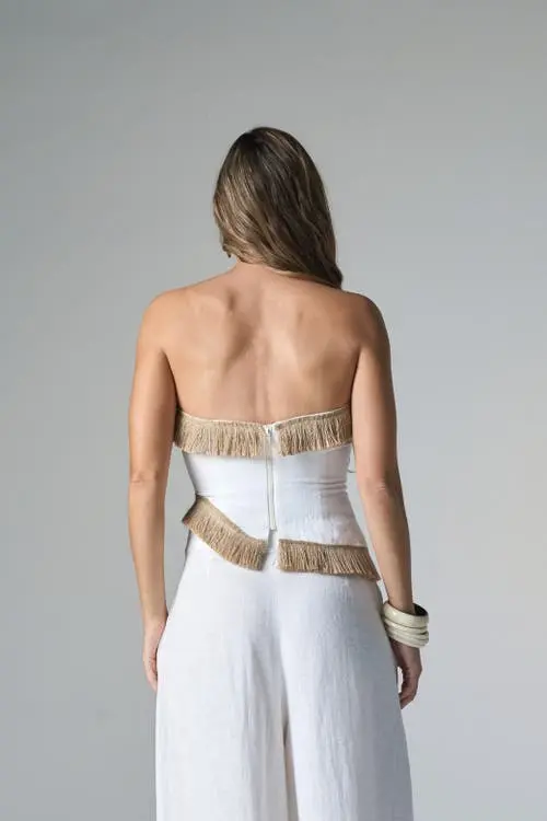 JBQ Morgan Strapless Linen Corset Top With Fringe Trim