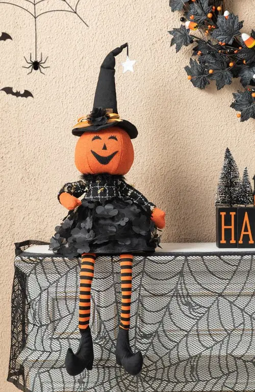 GLITZHOME Halloween Fabric Dressed Witch Or Pumpkin Sitter - Orange