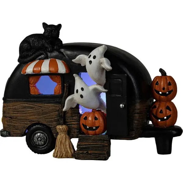 GLITZHOME Halloween Polyresin Lighted Camper With Ghost Cat Table Decor