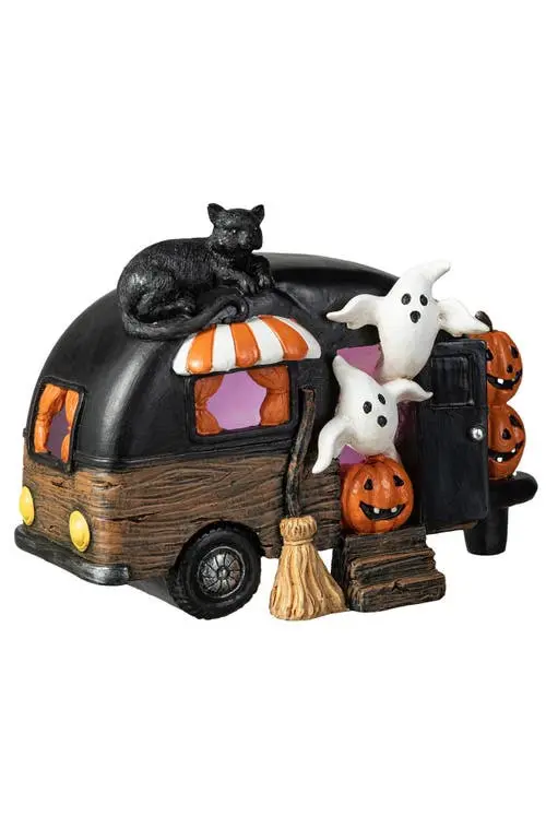 GLITZHOME Halloween Polyresin Lighted Camper With Ghost Cat Table Decor