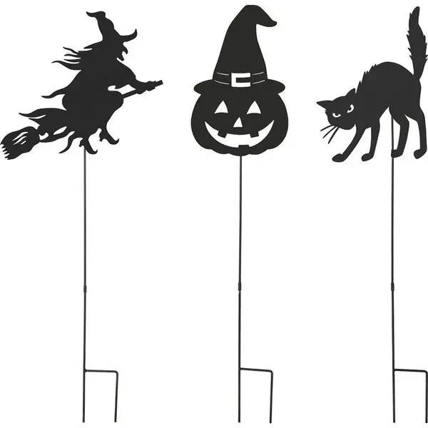 GLITZHOME Set Of 3 Halloween Metal Silhouette Yard Stake Or Hanging Decor - Black