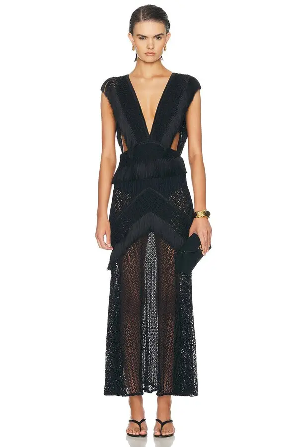 PatBO Ayla Fringe Plunge Maxi Dress