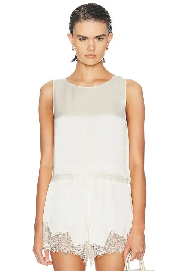 LESET Barb Lace Trimmed Sleeveless Crewneck Top - Creme