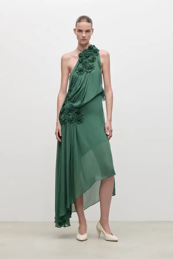 Victoria Beckham Pleated Appliqué Gown - Green