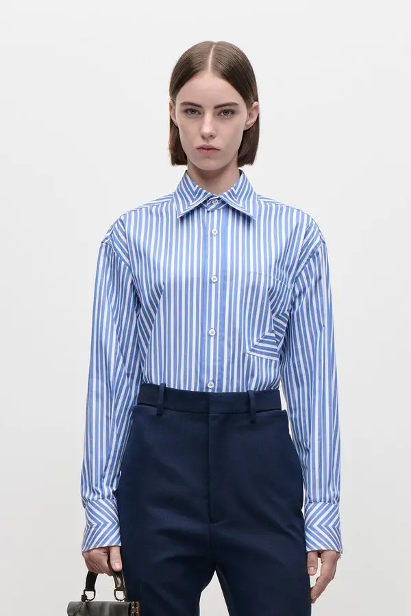 Victoria Beckham Striped Cotton Shirt With Pocket Detail - Blue