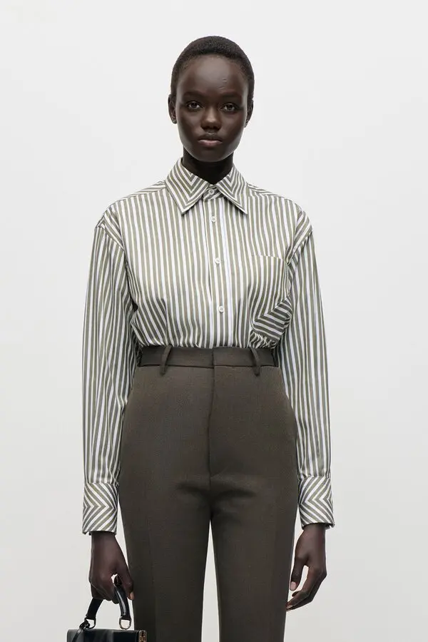 Victoria Beckham Striped Cotton Shirt With Pocket Detail - Green