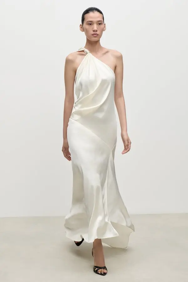 Victoria Beckham Asymmetric Midi Dress In Silk Viscose Velvet - Ivory