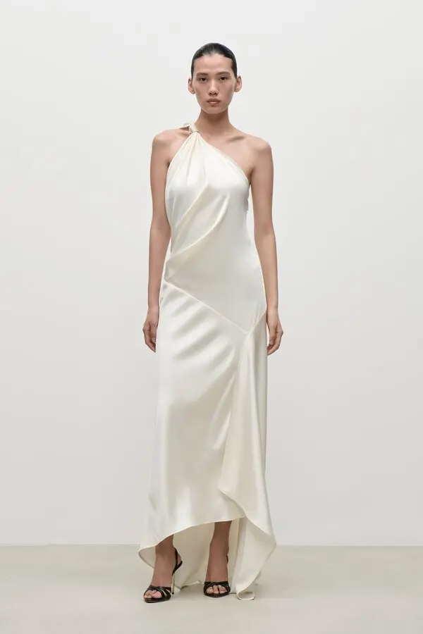 Victoria Beckham Asymmetric Midi Dress In Silk Viscose Velvet - Ivory