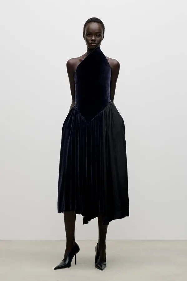 Victoria Beckham Asymmetric Midi Dress In Silk Viscose Velvet
