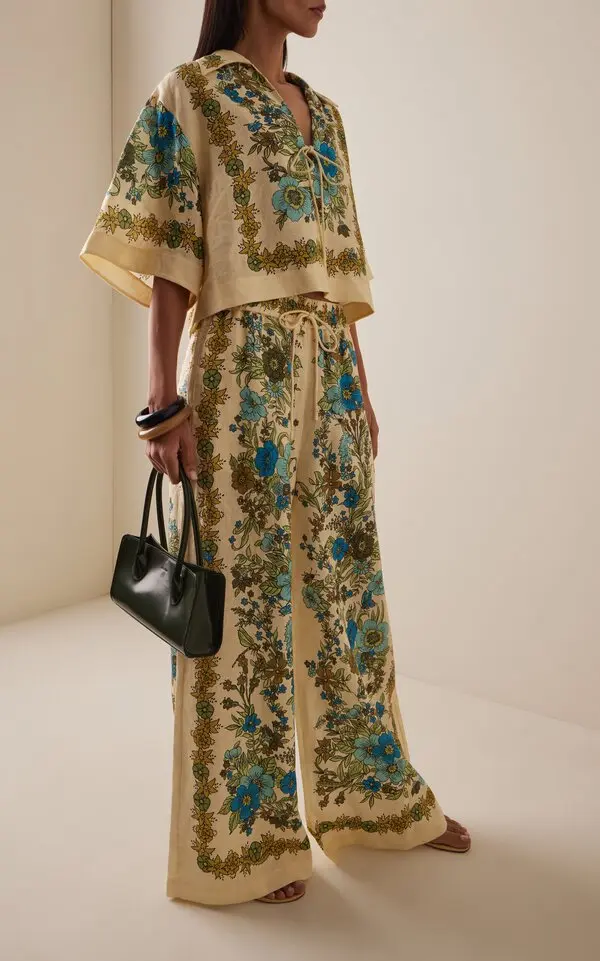 ALEMAIS Sophia Printed Linen Wide-leg Trousers