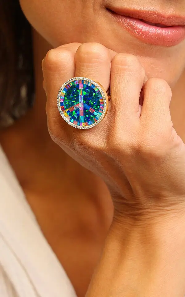 Sheryl Lowe 14k Yellow Rainbow Opal Inlay Peace Ring