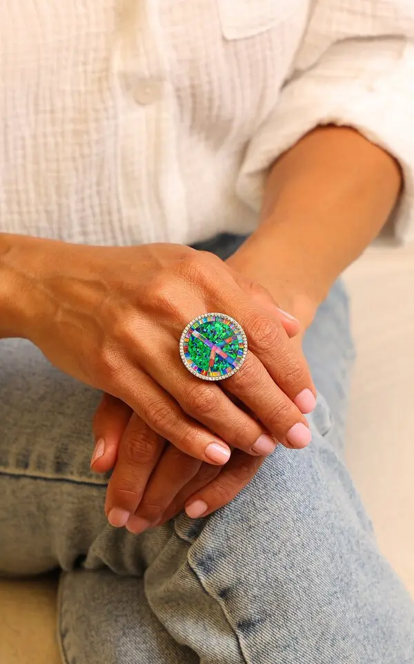Sheryl Lowe 14k Yellow Rainbow Opal Inlay Peace Ring