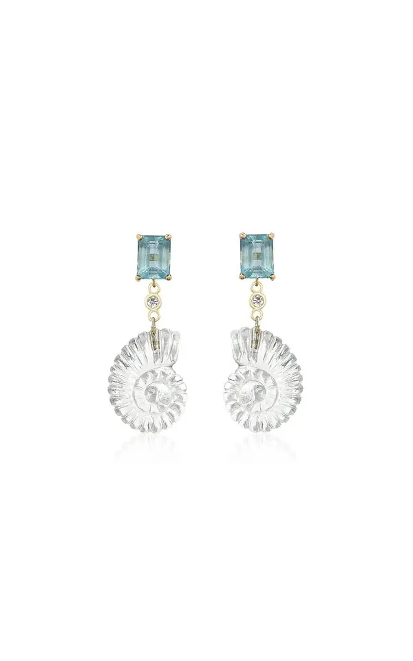 Sheryl Lowe 14k Yellow Aquamarine And Crystal Nautilus Drop Earrings