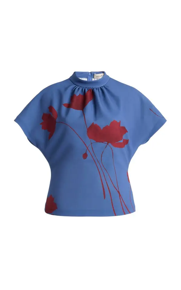 Lela Rose Printed Crepe Mock Neck Short Sleeve Top